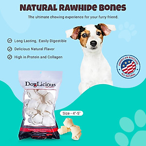 DOG-LICIOUS Dog Natural Rawhide Bones, Dog Chew Treats, Long Lasting Dog Chews, Knotted Bones 4”-5” (50873)