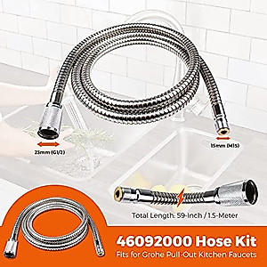46092000 Pull Out Spray Hose for Grohe Kitchen Faucets, Pull Down Kitchen Faucet Hose Replacement for Alira and Ladylux and Euro Plus, 59-Inch Chrome Finish (Chrome Finish)