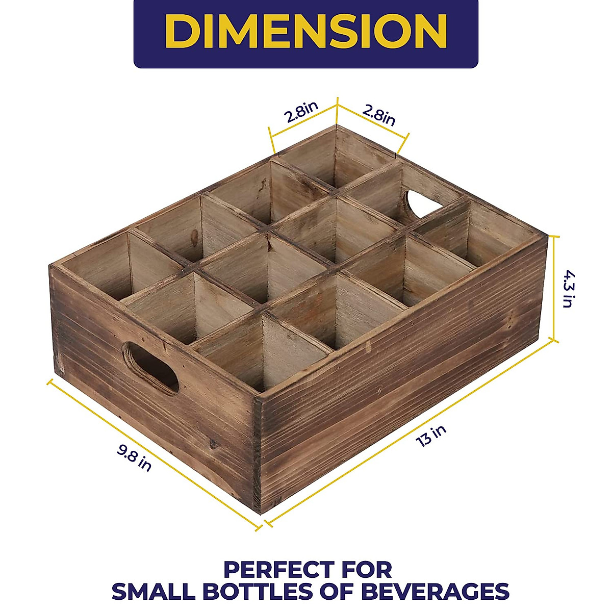 DFW Consumables - Farmhouse Wooden Crates for Display, 13" x 10" Wooden Bottle Caddy with 12 Individual Slots, Decorative Boxes with Carrying Handles