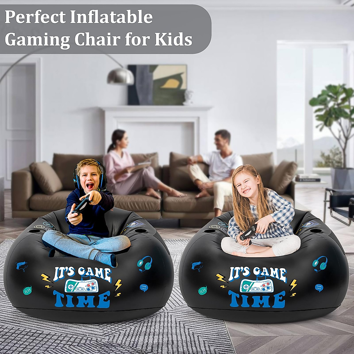 Inflatable Gaming Chair for Kids, Floor Bean Bag Chair for Teens - Boys Room Furniture with Cup Holder and Side Pocket, Inflatable Gaming Couch for Boys Room, Cool Kids Blow Up Couch Decor for Teens