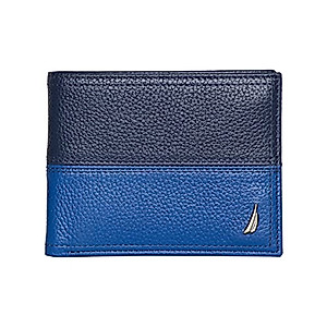 Nautica Men's Pebble Two-Tone Bifold Leather Wallet and Passcase with 4 slots and RFID Protection, Cobalt Blue