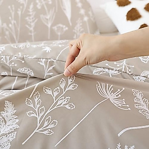 JANZAA California King Comforter Set 3 PCS Bedding Sets Oatmeal Floral Comforter Plant Flowers Printed on Fluffy Comforter with 2 Pillow Cases for All Season