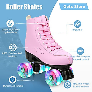 Women's Roller Skates PU Leather High-top Roller Skates Four-Wheel Roller Skates Double Row Shiny Roller Skates for Indoor Outdoor (Pink Flash,39-US: 7.5)