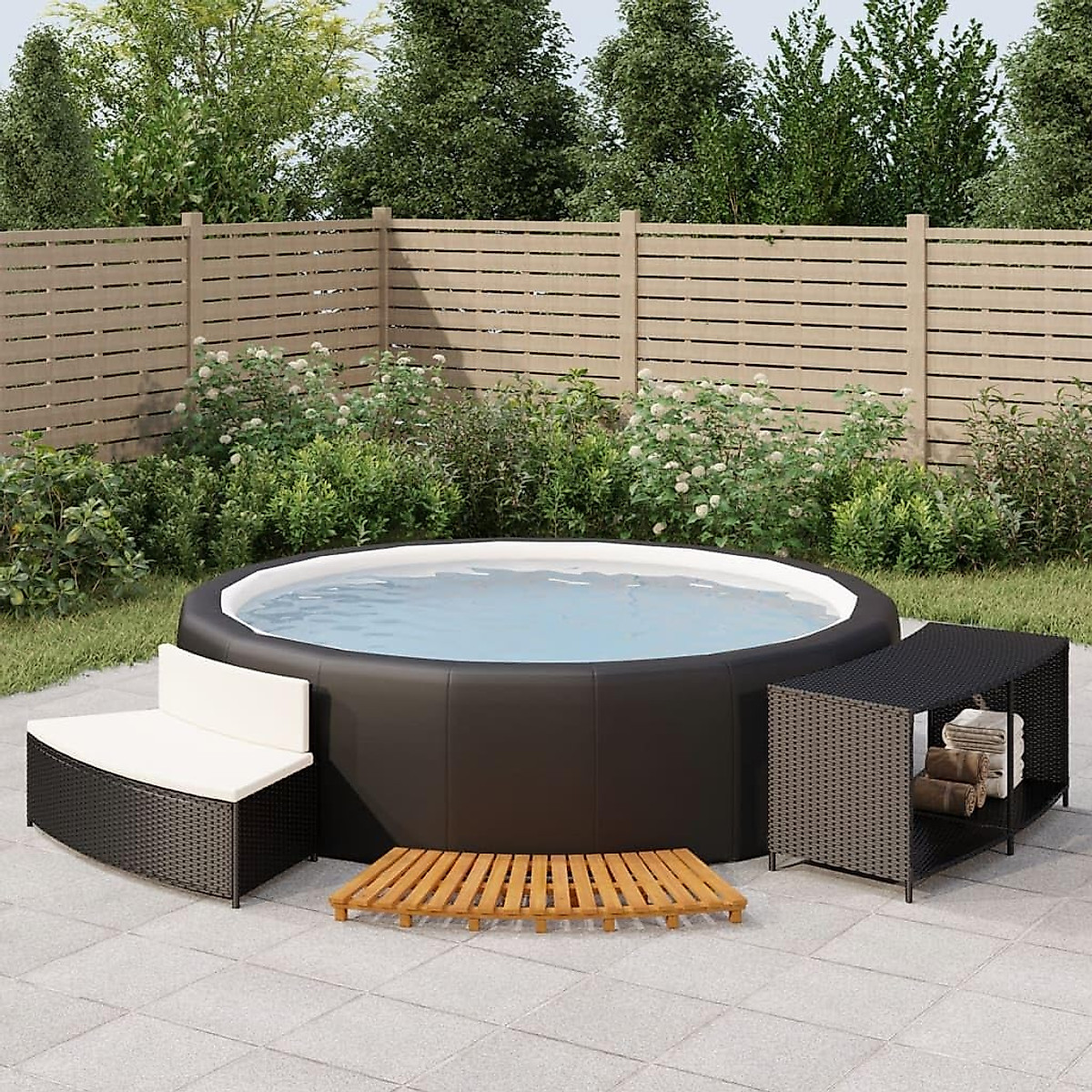 vidaXL Hot Tub Surround with Spa Bench, Storage Shelf, and Spa Step - Durable PE Rattan and Powder-Coated Steel Construction, Solid Acacia Wood Step, and Comfortable Cushions - Black