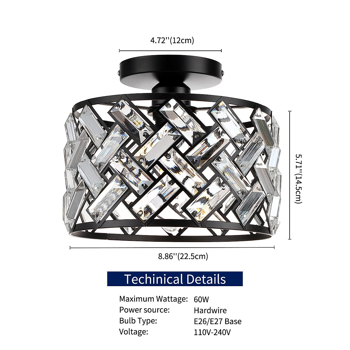 FRIDEKO HOME Light Fixtures Ceiling Mount - Black Hallway Light Fixtures Ceiling Crystal Semi Flush Mount Ceiling Light Bedroom Ceiling Lights for Kitchen Living Room Bathroom Porch