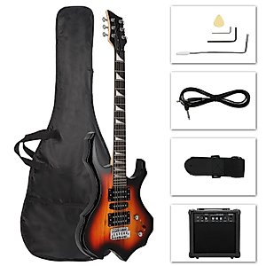 Ktaxon Burning Fire Design Electric Guitar Kit, 36-inch HSH Pickup Electric Guitar Beginner Guitar Set with Amplifier, Rosewood Fingerboard, 5-Ways Pickup Switch (Sunset)
