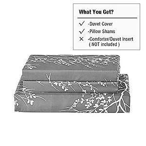 Vaulia Lightweight Cooling Microfiber Duvet Cover Set, Grey and White Floral Branches Printed Pattern All Season - Queen Size, 3-Piece Set (1 Duvet Cover 2 Pillow Shams)