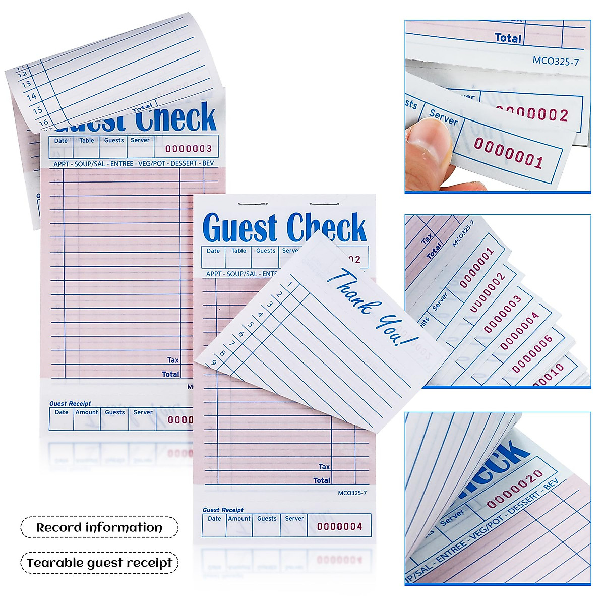 Rcybeo Guest Check Pads (20 Pack) Numbered Server Note Pads, Waitress Order Notepad, Food Receipt Book, 50 Checks Per Pad-Total 1000 Restaurant Checks, Waitress Accessories