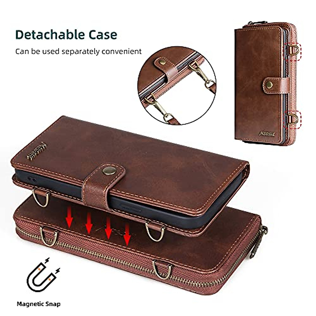 Misscase Compatible with iPhone 12 Pro Max Wallet Case,Multi-Function Wallet Case,2 in 1 Detachable Magnetic Wallet Case with Card Holder,PU Leather Kickstand Flip Cover with Lanyard Brown
