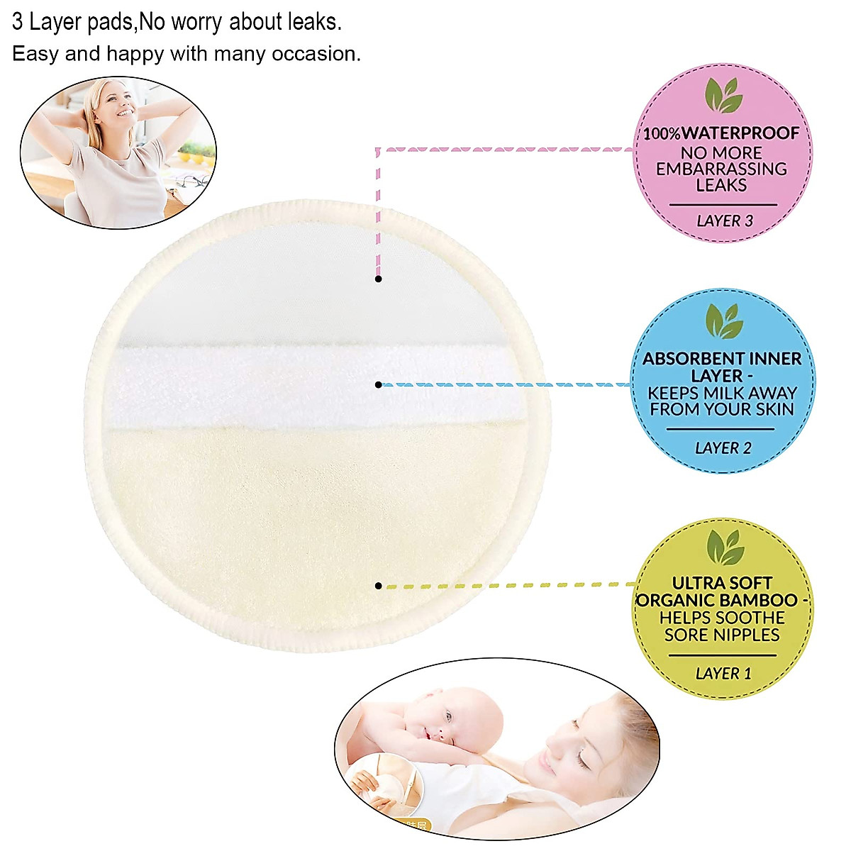 Pinowu Nursing Pads -10 Washable Pads + Wet Bag + Wash Bag, Breastfeeding Nipple Pads (Large 4.7")