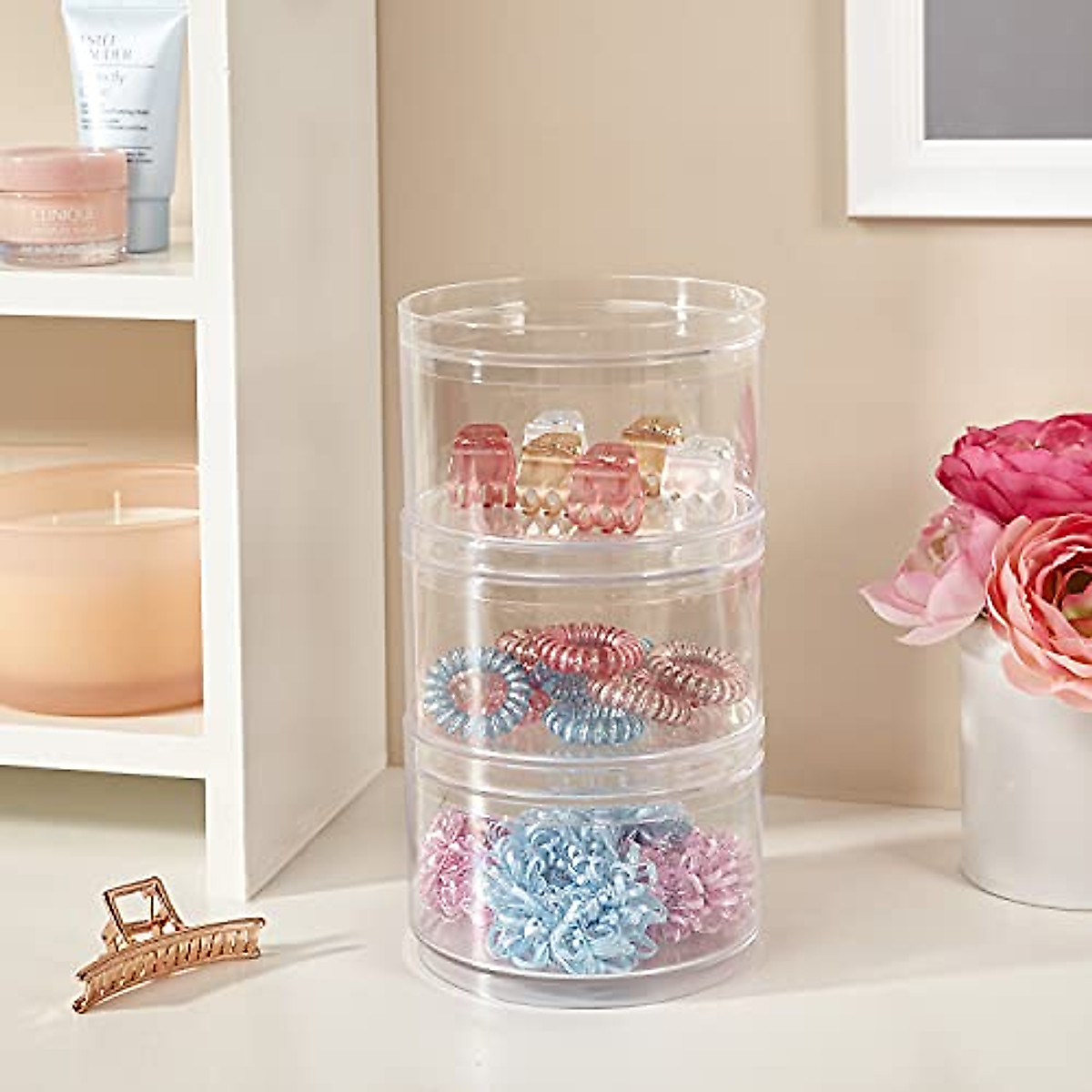 STORi Bella 3-piece Stackable Clear Plastic Container Set | Round Vanity Storage Organizers with Lids for Hair Accessories & Beauty Supplies | Made in USA