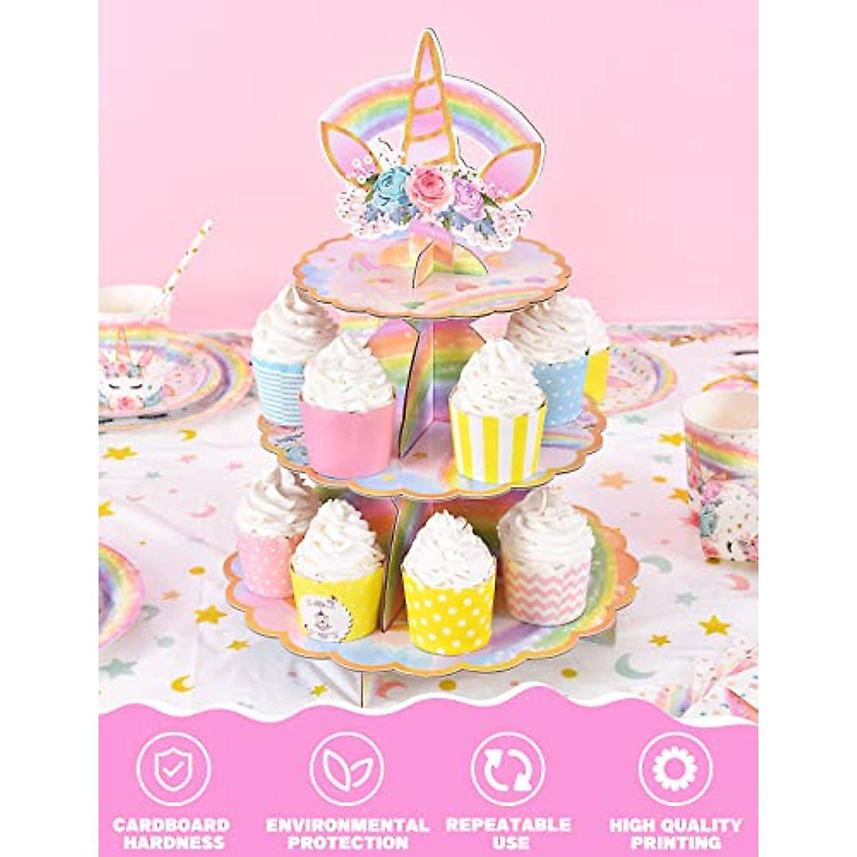 Unicorn Cupcake Stand - Unicorn Birthday Party Decorations for Girls Kids 3-Tier Cardboard Cupcake Stand Dessert Tower Holder Round Serving Tray Stand Unicorn Horn Theme Baby Shower Party Supplies