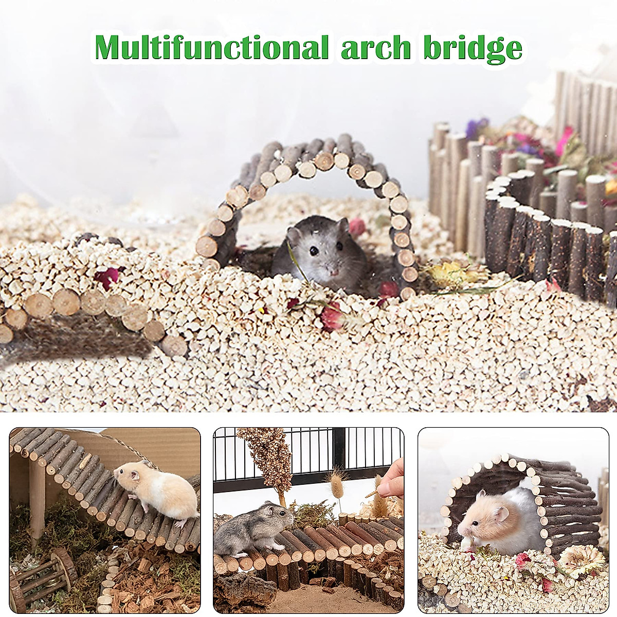 Small Animal Activity Toy Hamster Houses Hideouts Wooden Rat Playground Platform with Ladders Bridge for Chinchilla, Guinea Pigs, Gerbil, Parrots, Dwarf Mice,and Other Small Animals（Without bark）