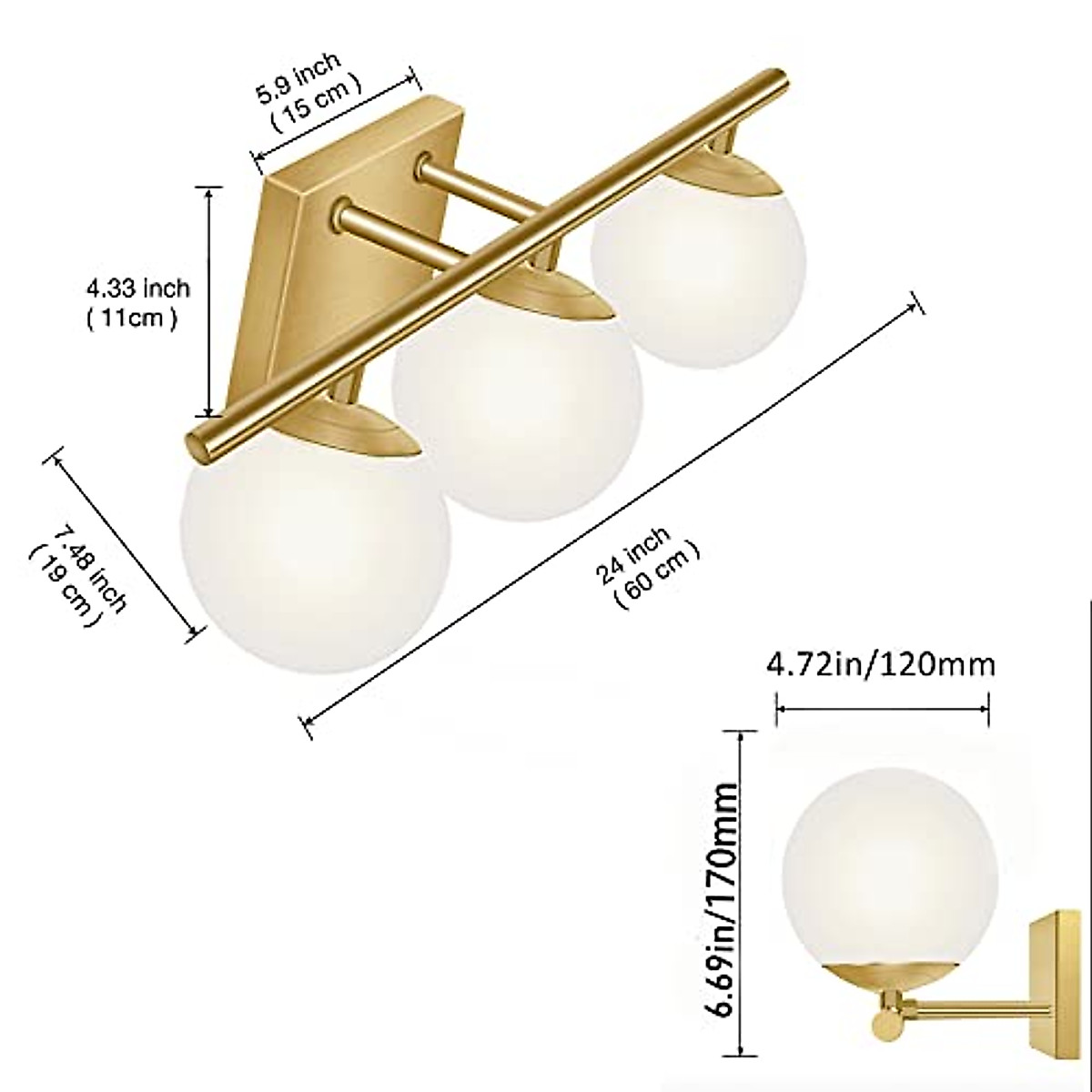 YHTlaeh New Bathroom Vanity Light 3 Lights Fixtures Brushed Brass Milk White Globe Glass Shade Modern Wall Bar Sconce Over Mirror (Exclude G9 Bulb)