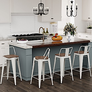 Changjie Furniture 24 Inch Swivel Bar Stools Set of 4 Counter Height Swivel Bar Stools with Backs Industrial Barstools for Kitchen (Swivel 24 inch, White Wooden)