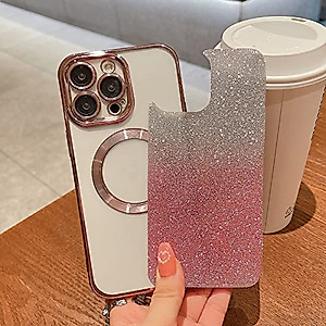 HYUEKOKO Compatible with iPhone 14 Pro Max Magnetic Gardient Glitter Case, Plating Bling Cute Case with MagSafe for Women Girls Full Camera Protector Back Cover for iPhone 14 Pro Max 6.7'' Pink
