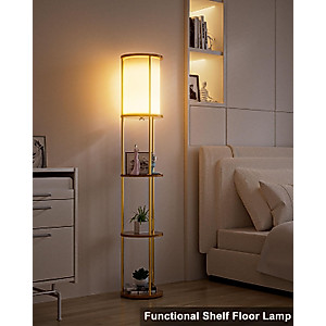Floor Lamp with Big Shelves,3-Tier Golden Cylinder Shelf Floor Lamps with 3000K Warm Soft Brightness E26 LED Bulb (Included), Linen Shade Storage Wood Texture Modern Floor Lamp with Foot switch