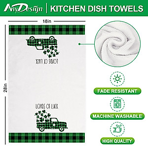AnyDesign St. Patrick's Day Kitchen Dish Towel Lucky Shamrock Truck Tea Towel Green Black Buffalo Plaids Hand Drying Towel for Cooking Baking Cleaning Wipes, Set of 4. 18 x 28 Inch
