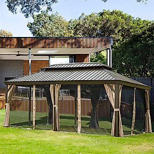 DHPM Outdoor Living 12’x18’ Hardtop Gazebo, Wooden Coated Aluminum Frame Canopy with Galvanized Steel Double Roof, Outdoor Permanent Metal Pavilion with Curtains and Netting for Patio, Deck and Lawn