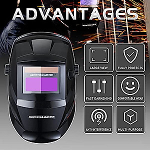 Monster&Master Welding Helmet, True Color Auto Darkening Welding Helmet, 2 Arc Sensor Wide Shade, Large Viewing Screen, Welding Helmets for Men, MM-003