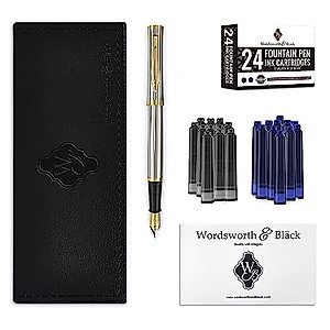 Wordsworth & Black Fountain Pen Set, Medium Nib, Includes 24 Ink Cartridges and Ink Refill Converter, Gift Case, Journaling, Calligraphy, Smooth Writing Pens [Silver Gold], Perfect for Men and Women