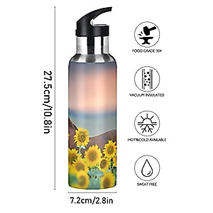 ALAZA Sunflower Horse Water Bottle with Straw Lid Kids Vacuum Insulated Stainless Steel BPA Free Water Flask Thermo Mug Sport, 20 Oz Hot Cold