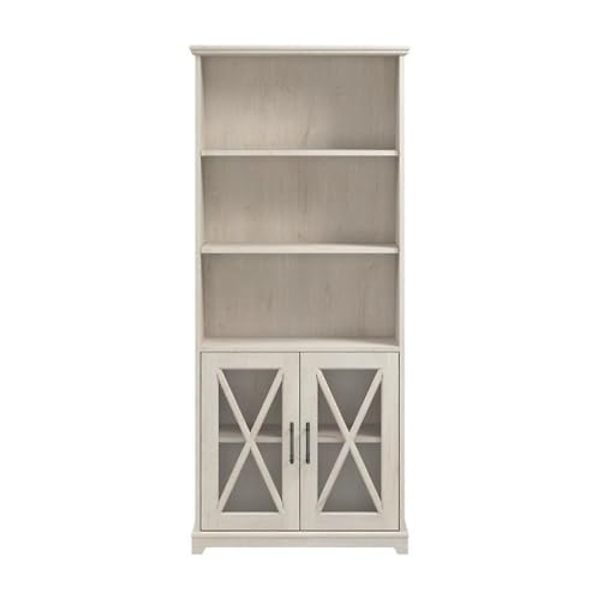 Bush Furniture Lennox Tall 5 Shelf Bookcase with Glass Doors in Linen White Oak | Farmhouse Bookshelf Cabinet for Living Room and Home Office