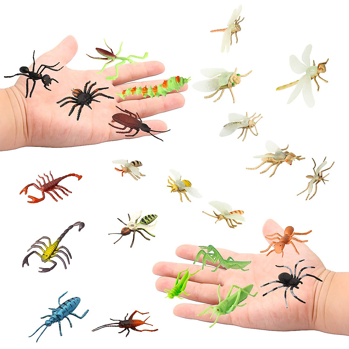 PINOWU Insect Bug Toy Figures for Kids Boys Girls (24pcs), 2-4” Fake Bugs - Spiders, Cockroaches, Scorpions, Crickets, Lady Bugs, Mantis and Worms for Education and Christmas Party Favors
