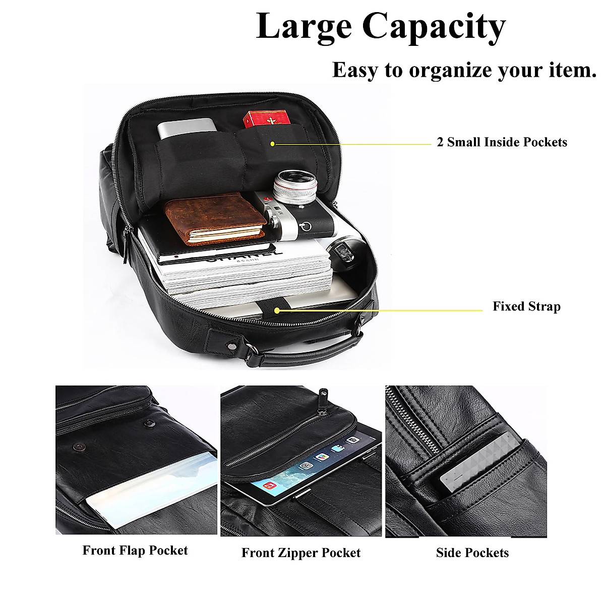 CHAO RAN Leather Travel Laptop Backpack For Men Fit 15.6 Inch Notebook Black Water Resistant Carry On Backpack Vintage Large College School Bag