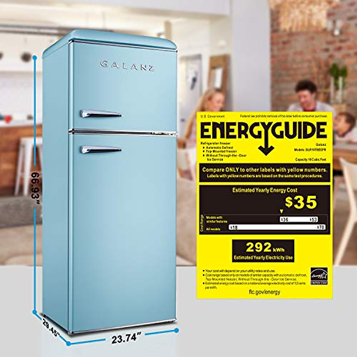 Galanz GLR12TBEEFR Refrigerator, Dual Door Fridge, Adjustable Electrical Thermostat Control with Top Mount Freezer Compartment, Retro Blue, 12.0 Cu Ft