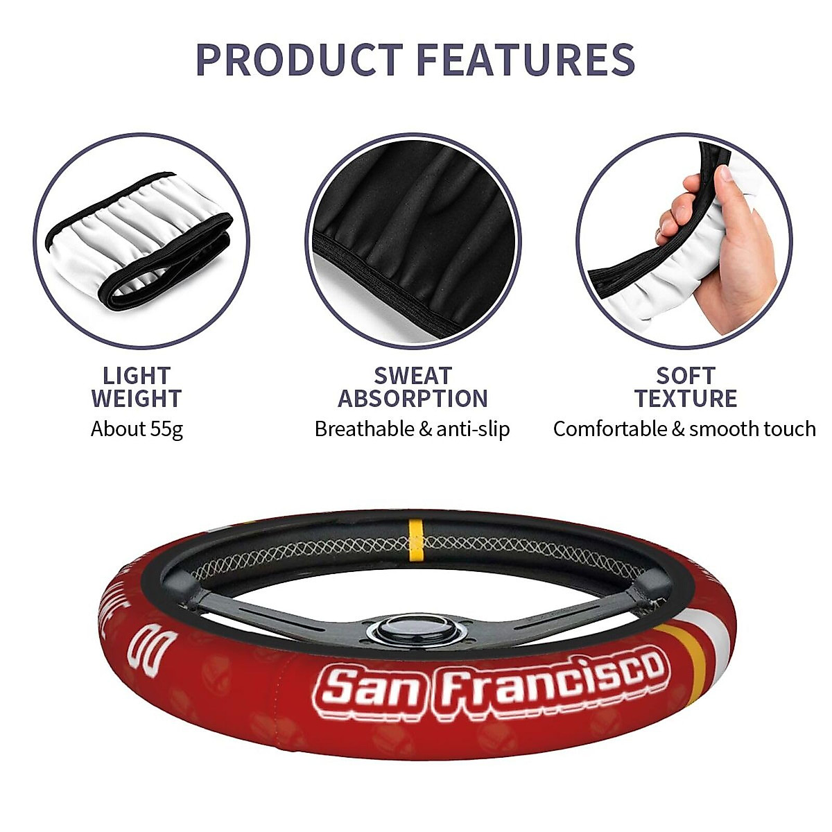 Gisvs San Francisco Custom Football Car Steering Wheel Covers,Personalized Name Number Anti Slip and Sweat Absorption Anti-Slip Car Accessories for Most Vehicle Sedan, Truck, SUV, Trailer