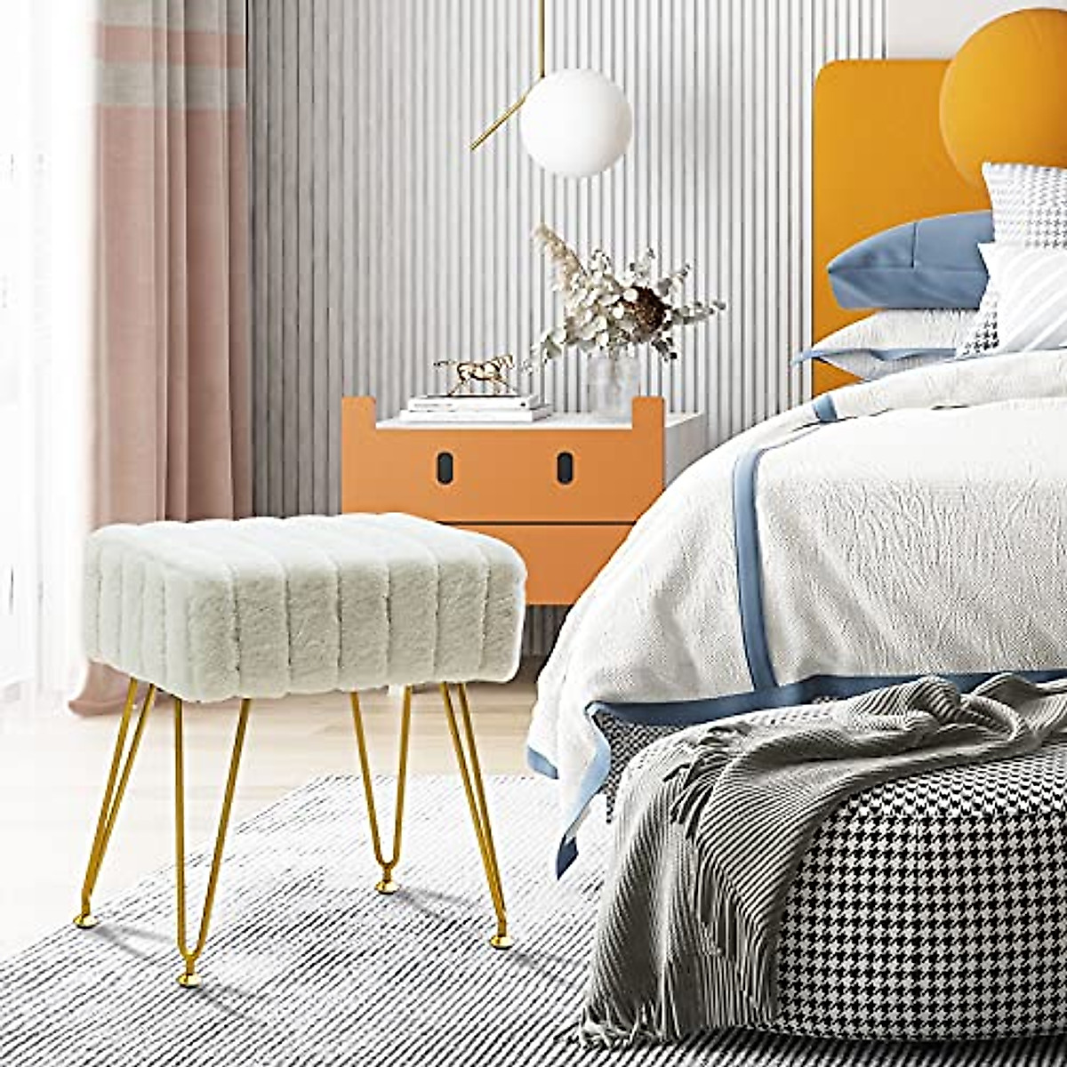 Modern Mink Square Footstool Ottoman Bench, White Faux Fur Vanity Stool with Gold Legs, Comfy Vanity Chair Entryway Bench, Makeup Stools for Vanity, Plush Fluffy Footrest for Bedroom, Living Room