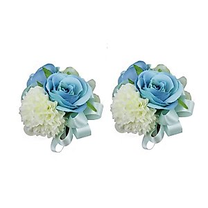 USIX 2pc Pack-Handmade Artificial Rose Dahlia Flower Wrist Corsage Wristband for Girl Bridesmaid Wedding Party Prom Flower Corsage Hand Flower (Blue Wrist Corsage x2)