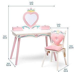 Wildkin Kids Princess Wooden Vanity and Chair Set for Girls, Vanity Features Mirror and Attached Jewelry Box and Music Box, Includes Matching Chair with Removable Backrest and Seat Cushion (White)