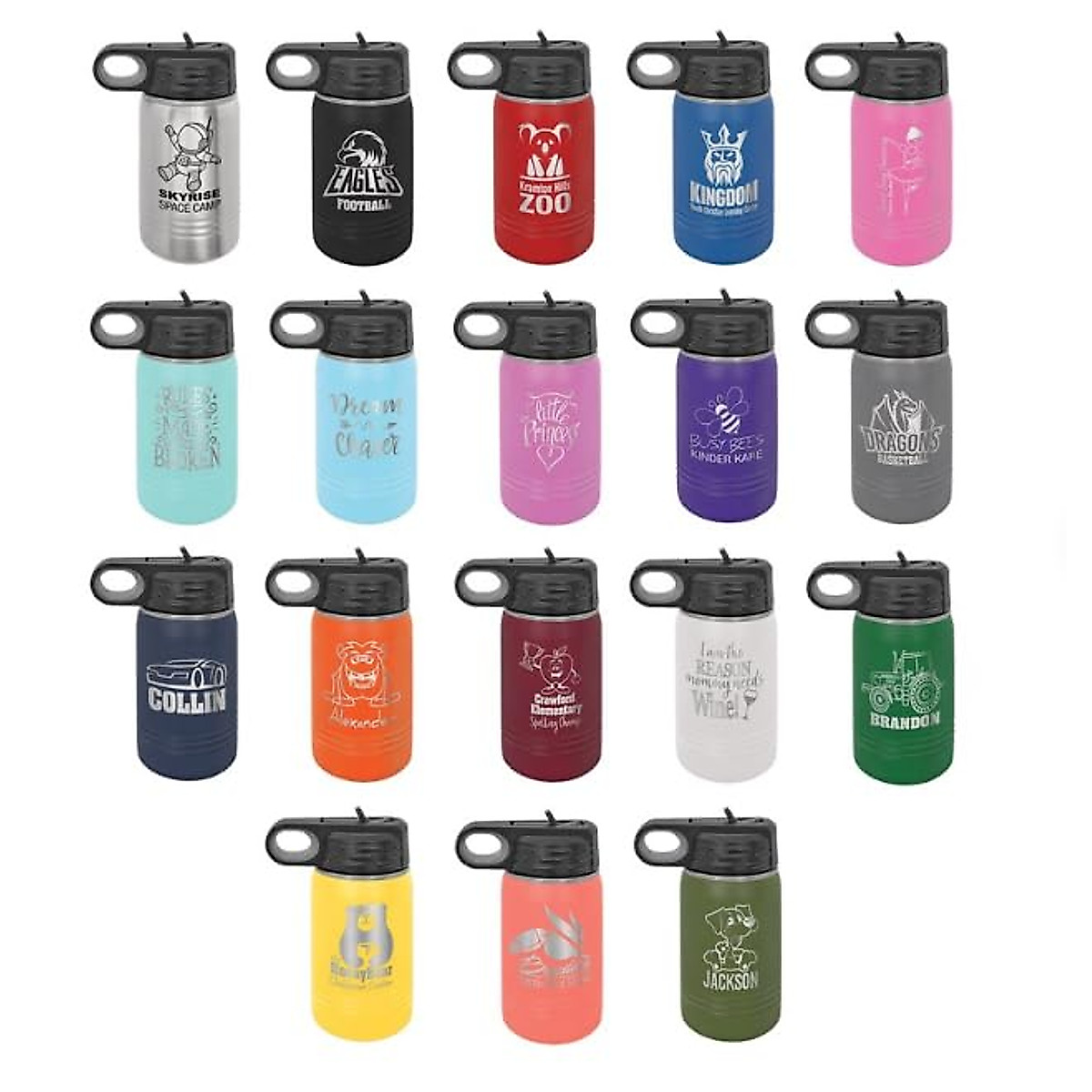 Personalzed Engraved 12 oz Water Bottle with Flip-Top Lid and Straw, Customized Vacuum Inulated Flask, Steel Sports Double Wall Thermos, Your Logo Name and Text Engraved (Light Blue)