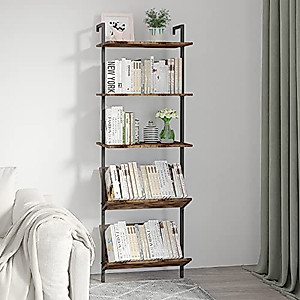 bukfen Ladder Bookshelf, 5 Shelf Modern Bookcase, Wall Mount Industrial Bookshelf, Open Wood Storage Shelves with Metal Frame for Bedroom Office, Rustic Brown