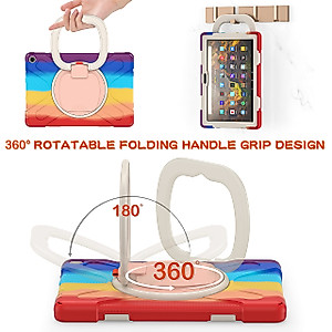 360 ° Rotation Portable Case for Fire HD 10 & 10 Plus Tablet (11th Generation, 2021 Release) Rugged Case Rotating Stand Hand Strap Shoulder Carrying Strap Outdoor Cover (Colourful Red)