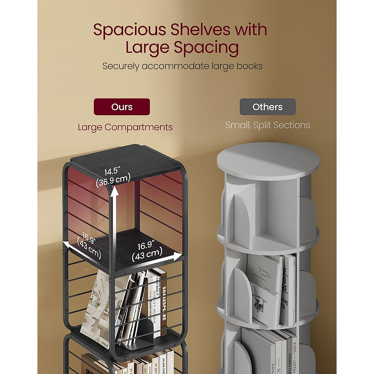 VASAGLE 4-Tier Rotating Bookshelf, Bookcase with Bookends for Small Spaces, Corner Shelf, Steel Frame, Ebony Black and Ink Black ULLS127B56