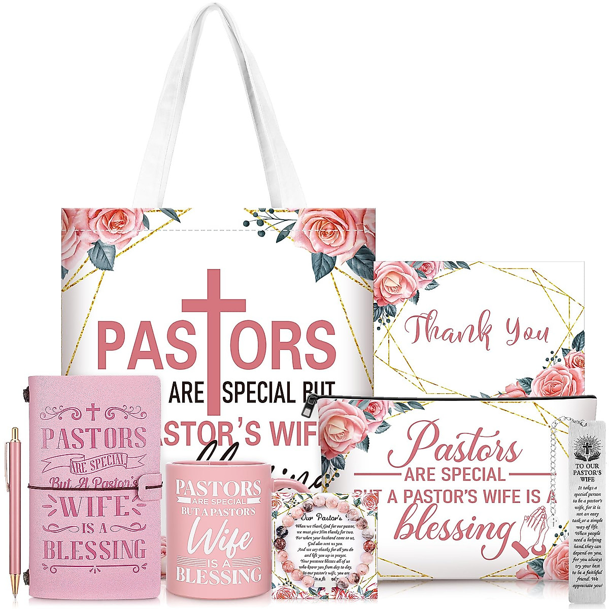 Cosblank 8 Pcs Pastor's Wife Appreciation Gifts Set Includes Leather Journal Pen Handbag Makeup Bag Mug Natural Stone Bracelet Bookmark Christian Faith Religious Gifts Christmas Thank You Gift