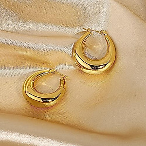 Tewiky Chunky Gold Earrings for Women, 14k Plated Small Hoop Hypoallergenic Oval Women Trendy Fashion Hoops Jewelry Gifts