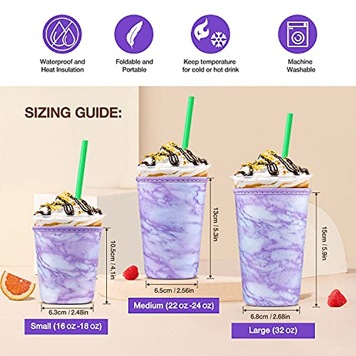 3 Pack Iced Coffee Cup Sleeve for Large Sized Cups, Reusable Neoprene Iced Coffee Cup Holder for Hot Cold Drinks, Compatible with Starbucks, Dunkin Donuts, and More（Purple Marble）