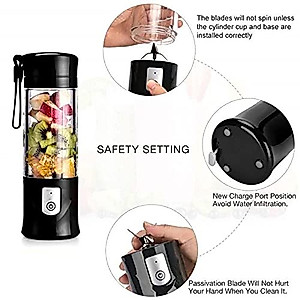 LLEY Portable Mini Travel Fruit USB Juicer Cup, Personal Small Electric Juice Mixer Blender Machine with 4000mAh Rechargeable Battery420ML Water Bottle Black