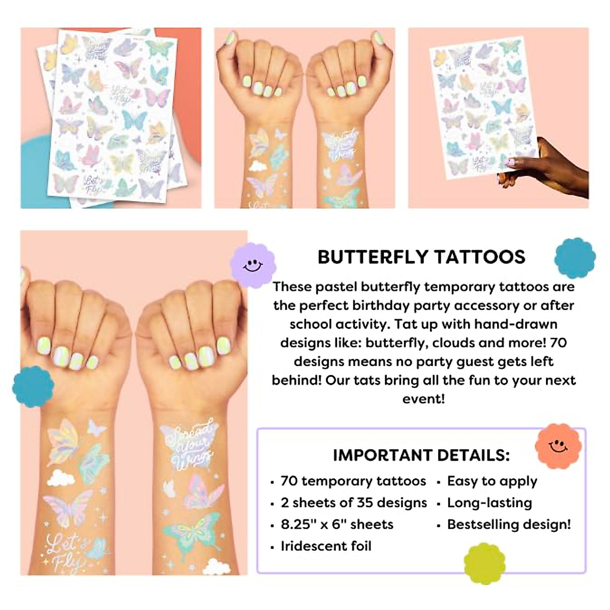 xo, Fetti Pastel Butterfly Temporary Tattoos - 70 Foil Styles | Rainbow Fairy Birthday Party Decorations, Monarchs, Heart Favors, Flowers, Garden Arts and Crafts, Baby Shower Decor
