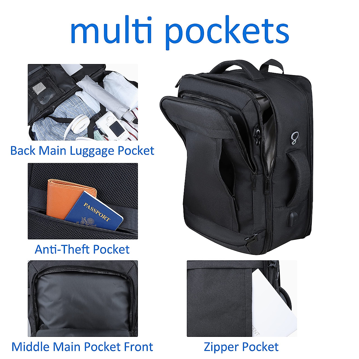 Lapsouno Backpack, Carry On Backpack, Expandable Travel Backpack for Carryon Luggage, 40L Extra Large Flight Approved Traveling Backpacks for Men Women, Water Resistant Business Daypack Bag, Black