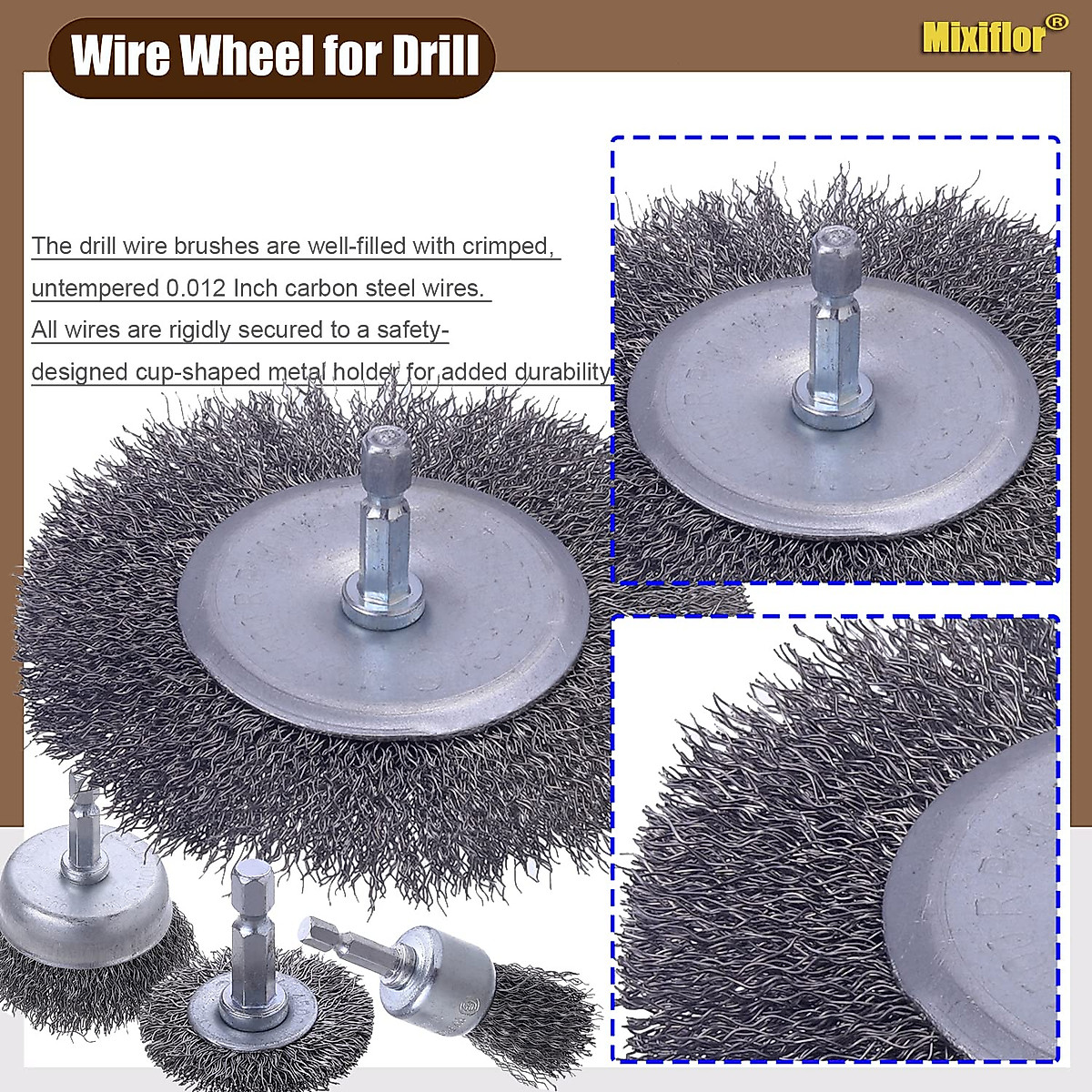 Mixiflor Wire Brush for Drill, 8 Pcs Wire Wheel Brush Cup Set, Wire Wheel for Drill 1/4 Inch Arbor, Drill Wire Brush Cup Brush for Cleaning Rust, Wire Wheel Brush Drill Attachments
