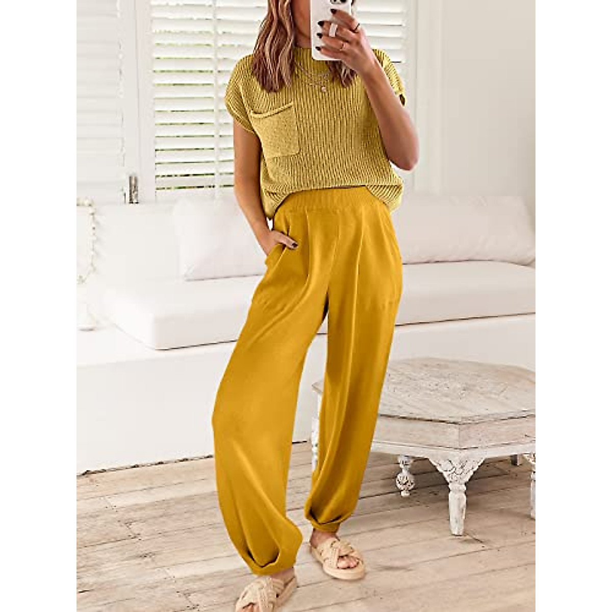 ANRABESS Women's Two Piece Outfits Knit Sweater Vest Crop Top Pants Lounge Matching Tracksuit Sweatsuit Travel Clothes Sets Yellow Large