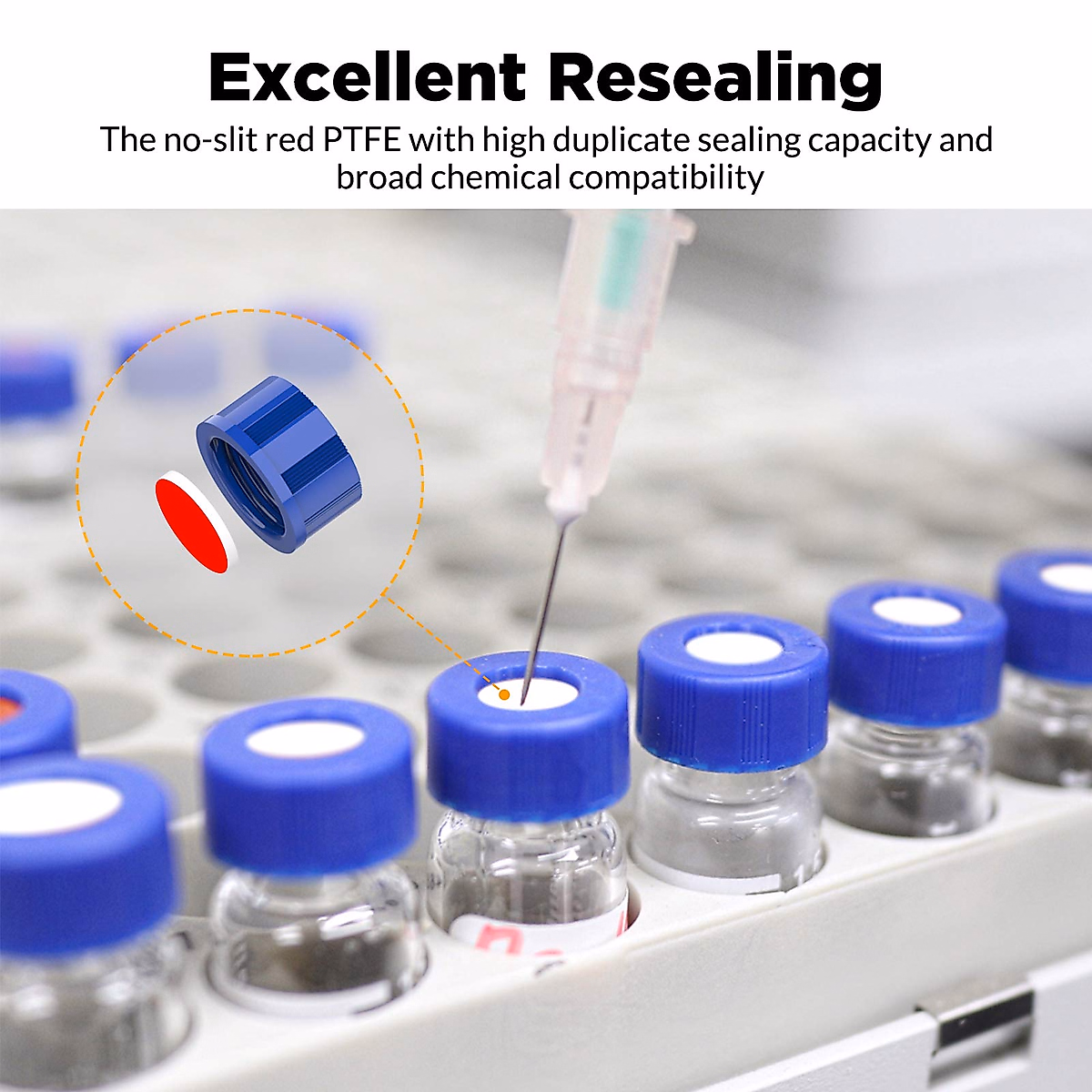 Membrane Solutions Autosampler Vials, 2ml HPLC Vials, 9-425 Lab Clear Vials with Write-on Spot and Graduations, 9mm Blue ABS Screw Caps & Septa for GC Sample Vials, 100 Pcs