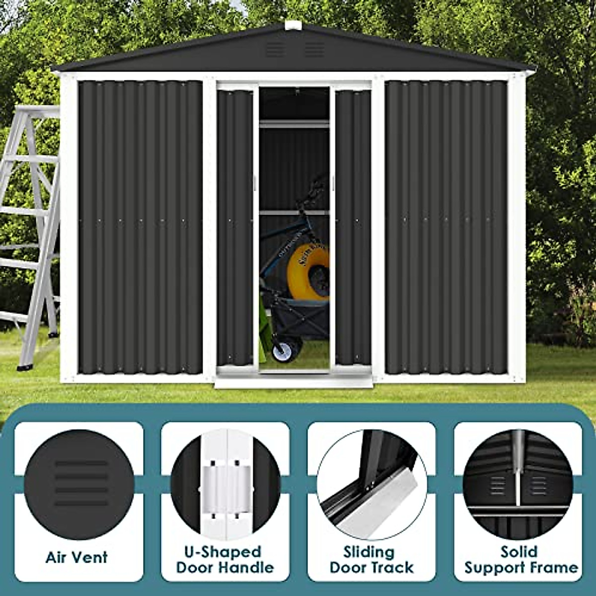 Betterland 6X8 FT Outdoor Storage Shed, Steel Garden Shed with Sliding Door, Metal Tool Storage Shed for Backyard, Lawn, Grey