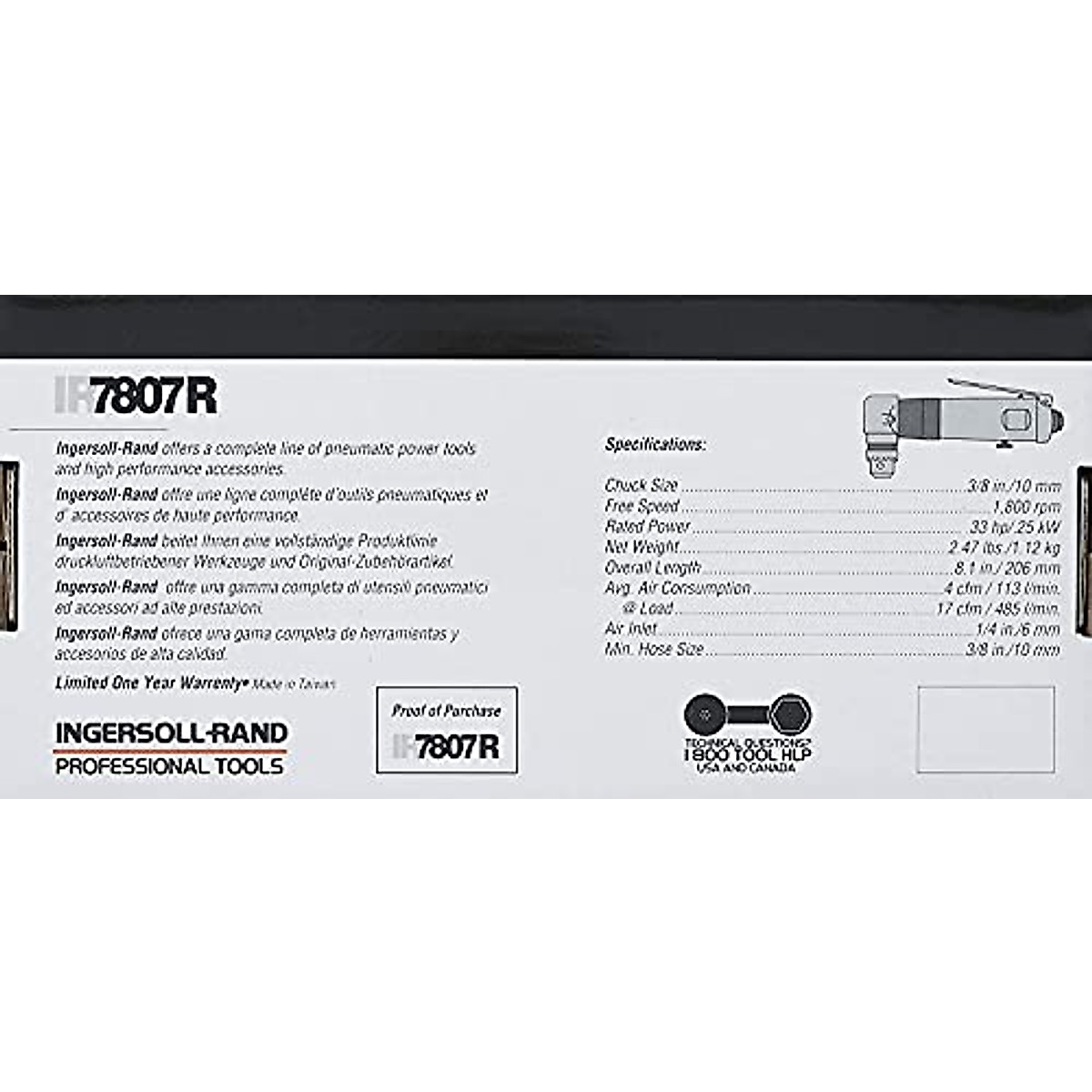 Ingersoll Rand 7807R 3/8” Reversible Air Angle Drill, Standard Duty, 1800 RPM, Quiet, Durable Jacobs Multi-Craft Chuck, Grease Plug