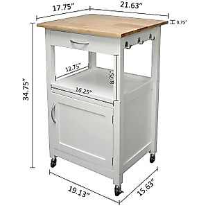eHemco Kitchen Island Cart on Wheels with Drawer, Storage Cabinet, Shelf and Natural Solid Hardwood Top, White Base